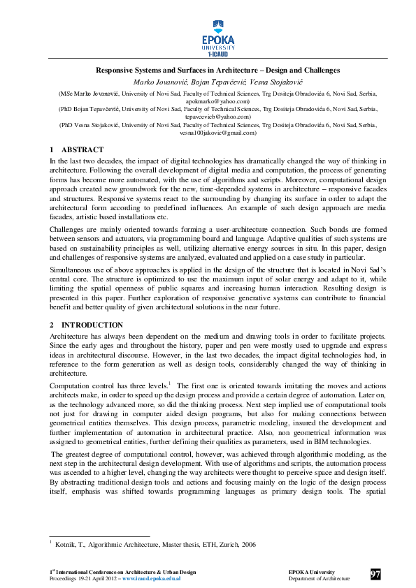 (PDF) Responsive Systems and Surfaces in Architecture - Design and Challenges