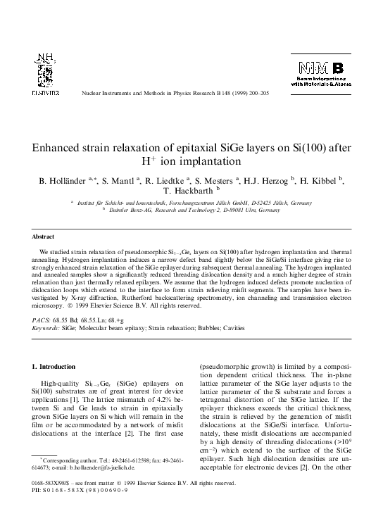 (PDF) Enhanced strain relaxation of epitaxial SiGe layers on Si(100) after H+ ion implantation ...