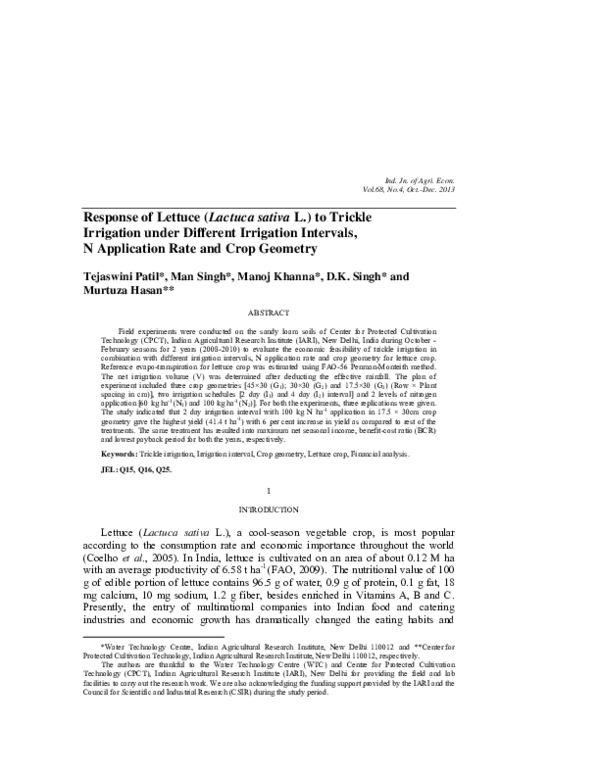 (PDF) Response of Lettuce (Lactuca sativa L.) to Trickle Irrigation under Different Irrigation ...