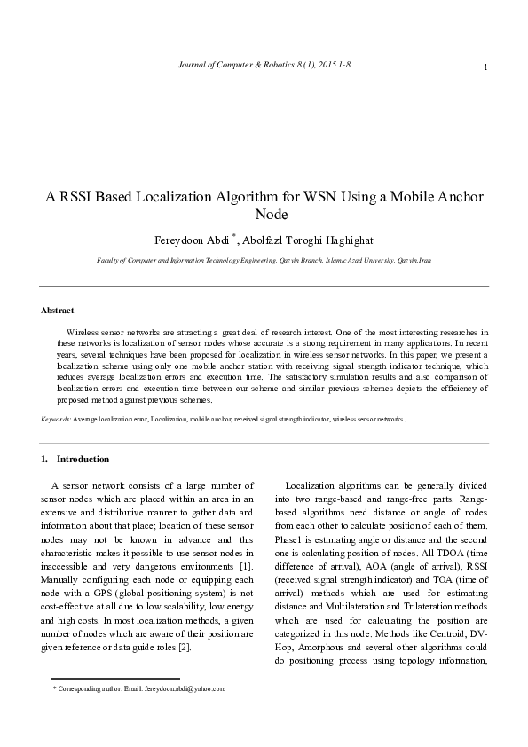 (PDF) A Rssi Based Localization Algorithm for WSN Using a Mobile Anchor Node