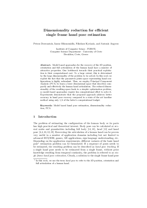 (PDF) Dimensionality Reduction for Efficient Single Frame Hand Pose Estimation