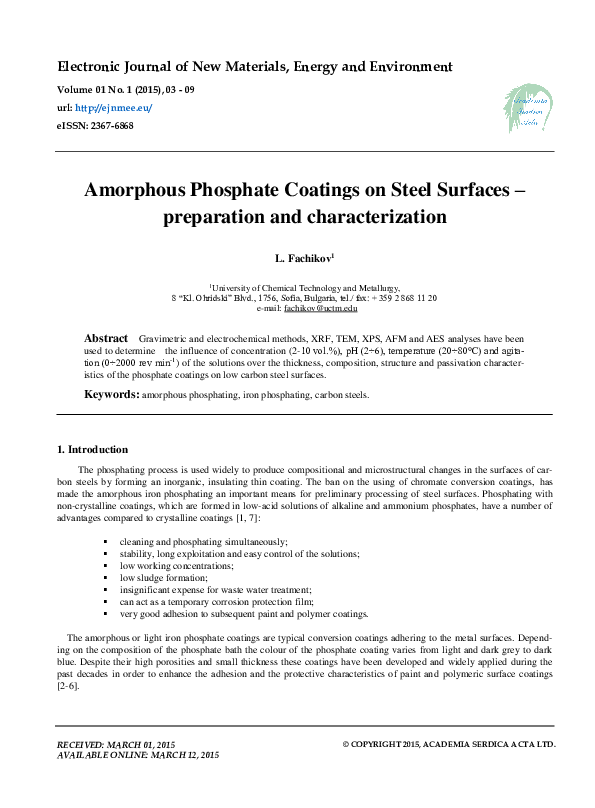 (PDF) Amorphous Phosphate Coatings on Steel Surfaces - preparation and ...