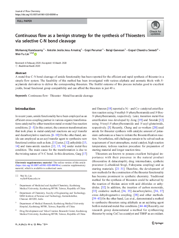 (PDF) Continuous flow as a benign strategy for the synthesis of Thioesters via selective C-N ...