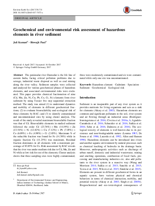 (PDF) Geochemical and environmental risk assessment of hazardous ...