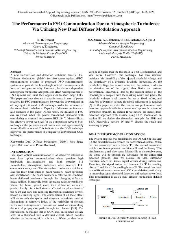 Pdf The Performance In Fso Communication Due To Atmospheric Turbulence Via Utilizing New Dual