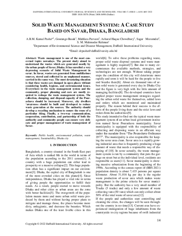 (PDF) SOLID WASTE MANAGEMENT SYSTEM: A CASE STUDY BASED ON SAVAR, DHAKA, BANGLADESH