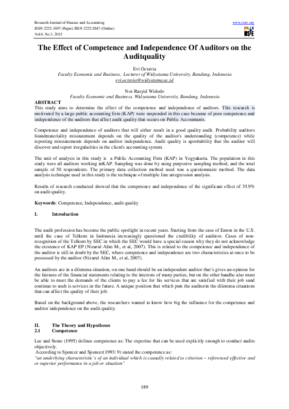 (PDF) The Effect of Competence and Independence Of Auditors on the Auditquality