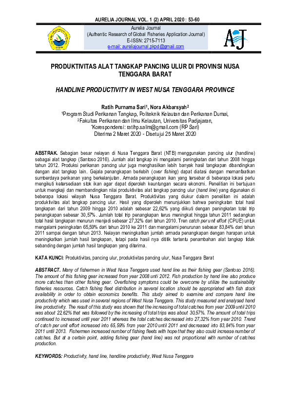 (PDF) Produktivitas Alat Tangkap Pancing Ulur DI Provinsi Nusa Tenggara ...