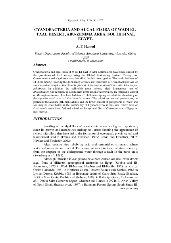 (PDF) Cyanobacteria and Algal Flora of Wadi El-Taal Desert, Abu-Zenima Area, South Sinai, Egypt