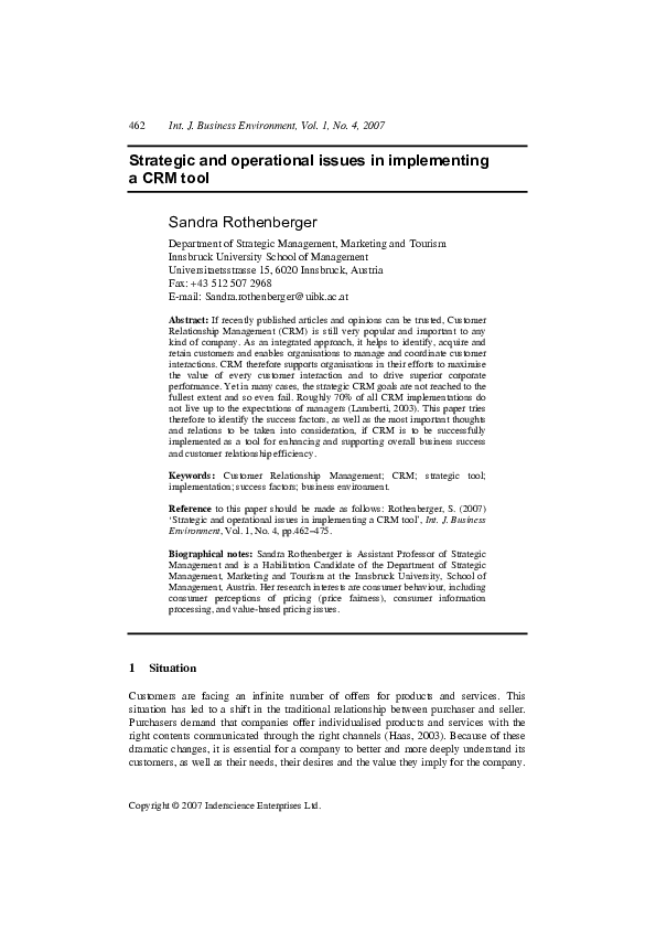 (PDF) Strategic and operational issues in implementing a CRM tool