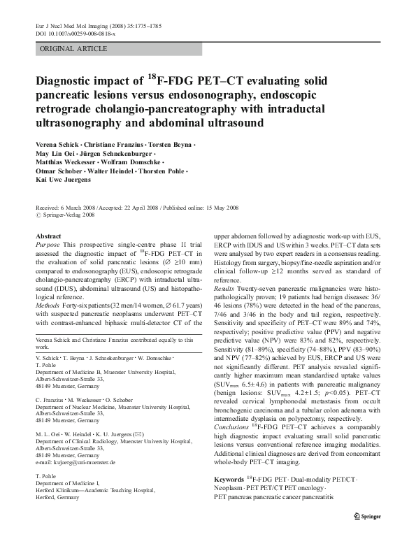 (PDF) Diagnostic impact of 18F-FDG PET–CT evaluating solid pancreatic lesions versus ...
