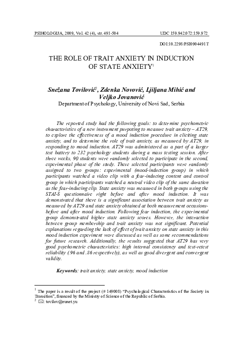 (PDF) The role of trait anxiety in induction of state anxiety