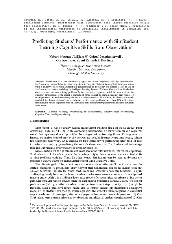 (PDF) Predicting Students' Performance with SimStudent: Learning Cognitive Skills from ...