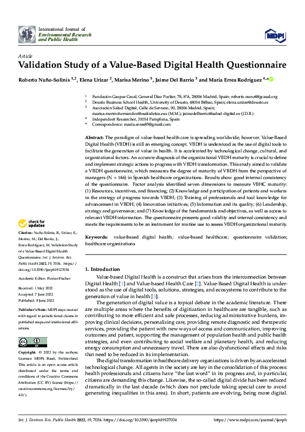 (PDF) Validating a Value-Based Digital Health Questionnaire for Managers