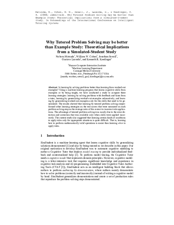 (PDF) Why Tutored Problem Solving May be Better Than Example Study: Theoretical Implications ...