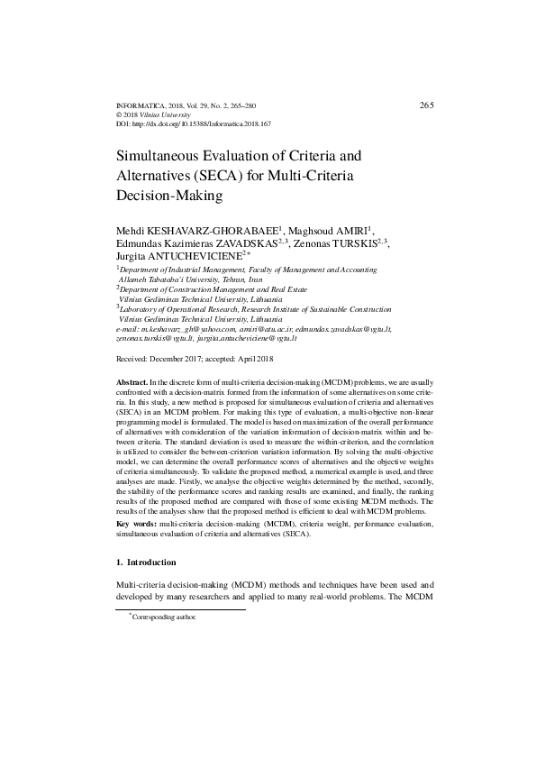 (PDF) Simultaneous Evaluation of Criteria and Alternatives (SECA) for Multi-Criteria Decision-Making