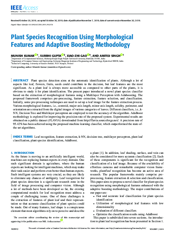 Pdf Plant Species Recognition Using Morphological Features And