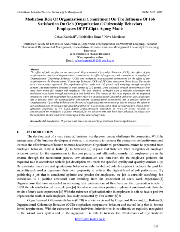 (PDF) Mediation Role Of Organizational Commitment On The Influence Of Job Satisfaction On Ocb ...