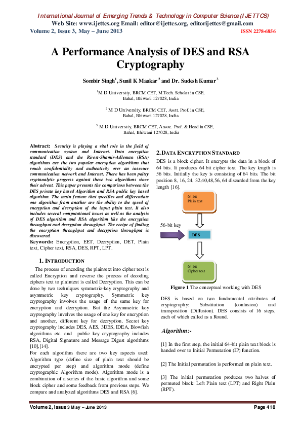 (PDF) A Performance Analysis of DES and RSA Cryptography