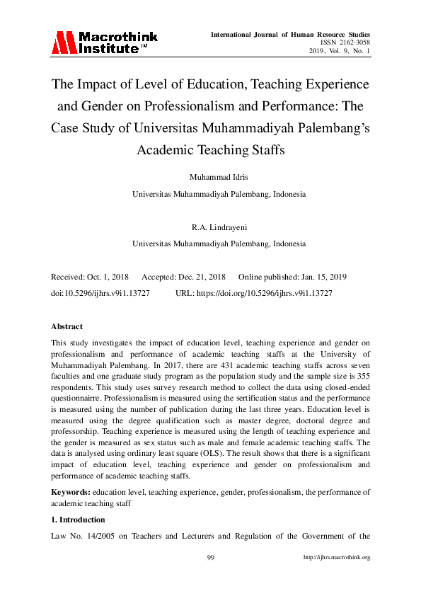 (PDF) The Impact of Level of Education, Teaching Experience and Gender ...