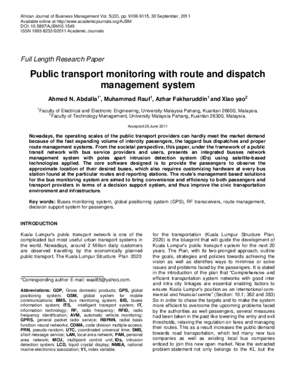 (PDF) Public transport monitoring with route and dispatch management system