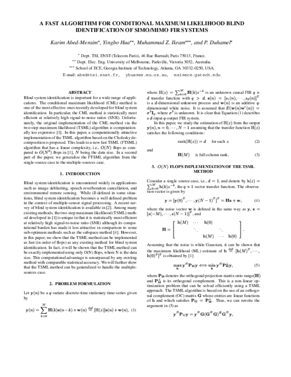 Pdf A Fast Algorithm For Conditional Maximum Likelihood Blind Identification Of Simo Mimo Fir