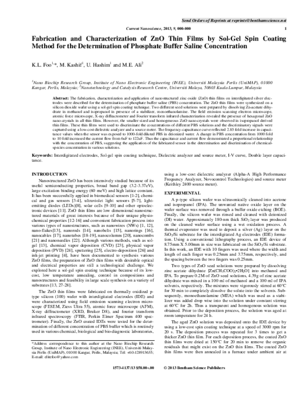 (PDF) Fabrication and Characterization of ZnO Thin Films by Sol-Gel ...
