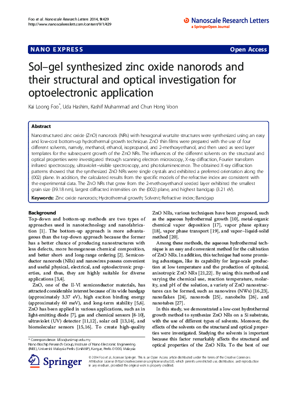 (PDF) Sol-gel synthesized zinc oxide nanorods and their structural and optical investigation for ...