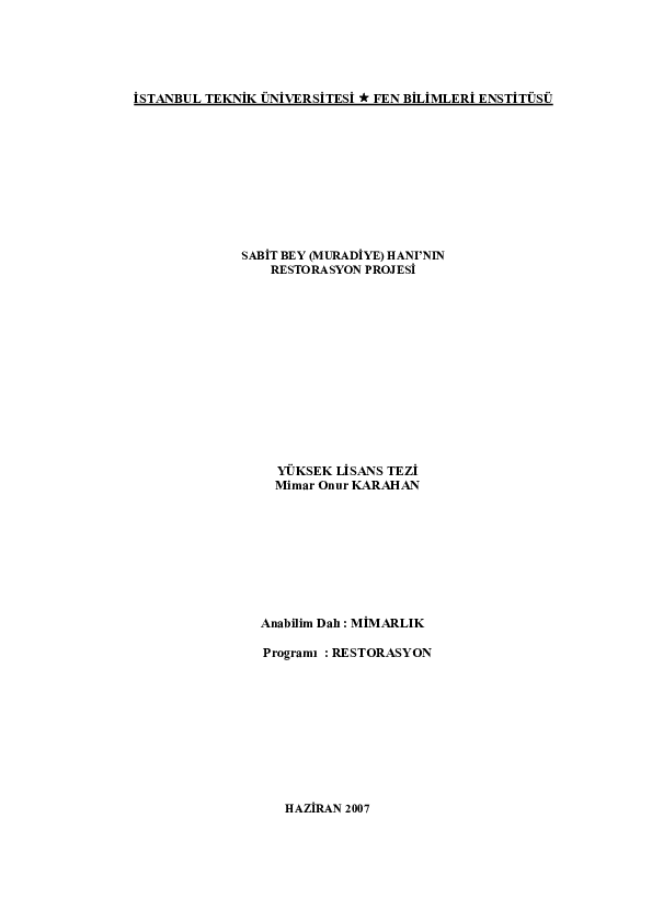 (PDF) Sabit Bey (muradiye) Hanı'nın Restorasyon Projesi