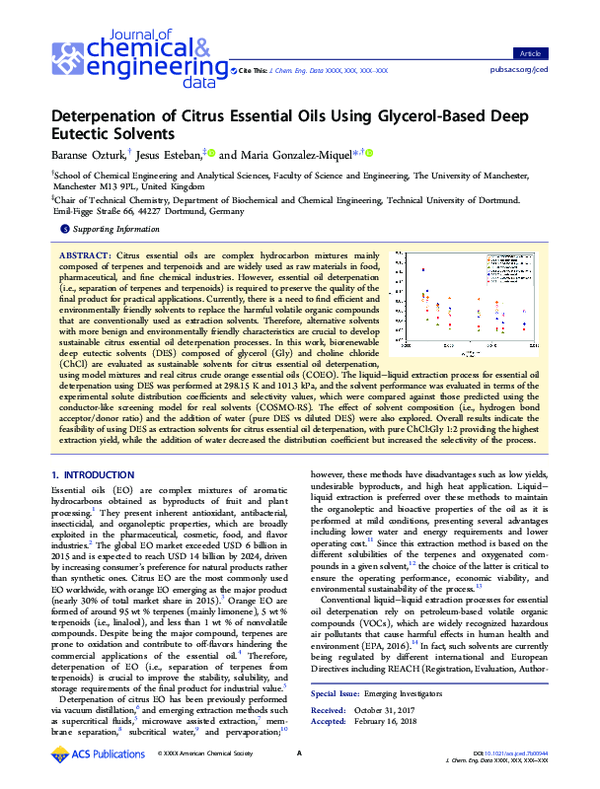 (PDF) Deterpenation of Citrus Essential Oils Using Glycerol-Based Deep ...