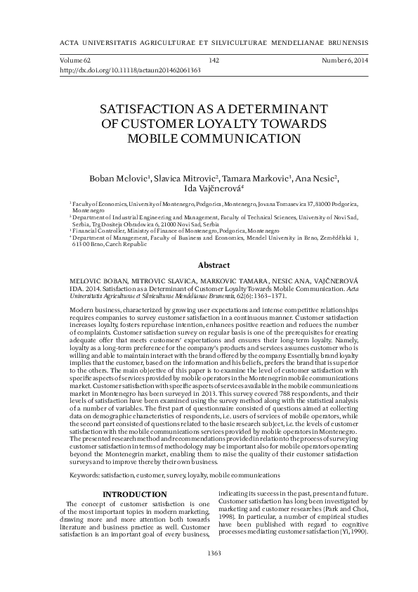 (PDF) Satisfaction as a Determinant of Customer Loyalty Towards Mobile Communication