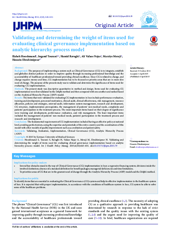 (PDF) Validating and determining the weight of items used for evaluating clinical governance ...