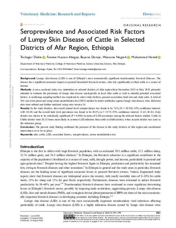 (PDF) Seroprevalence and Associated Risk Factors of Lumpy Skin Disease ...