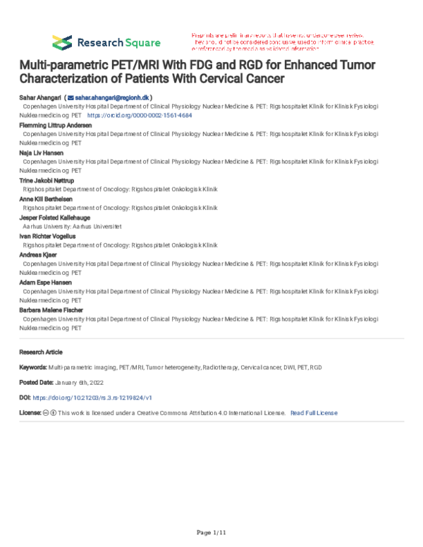 (PDF) Multi-parametric PET/MRI With FDG and RGD for Enhanced Tumor ...