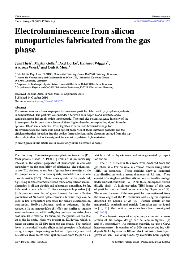(PDF) Electroluminescence from silicon nanoparticles fabricated from ...