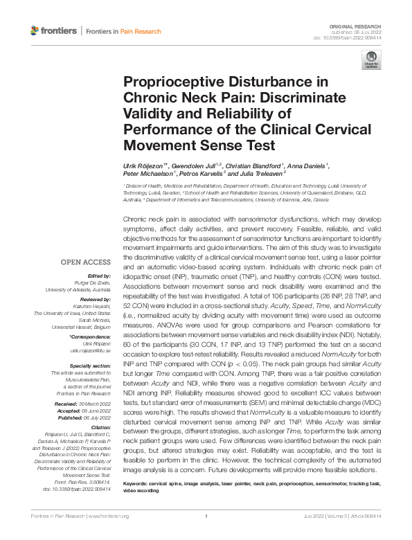 (PDF) Proprioceptive Disturbance in Chronic Neck Pain: Discriminate ...