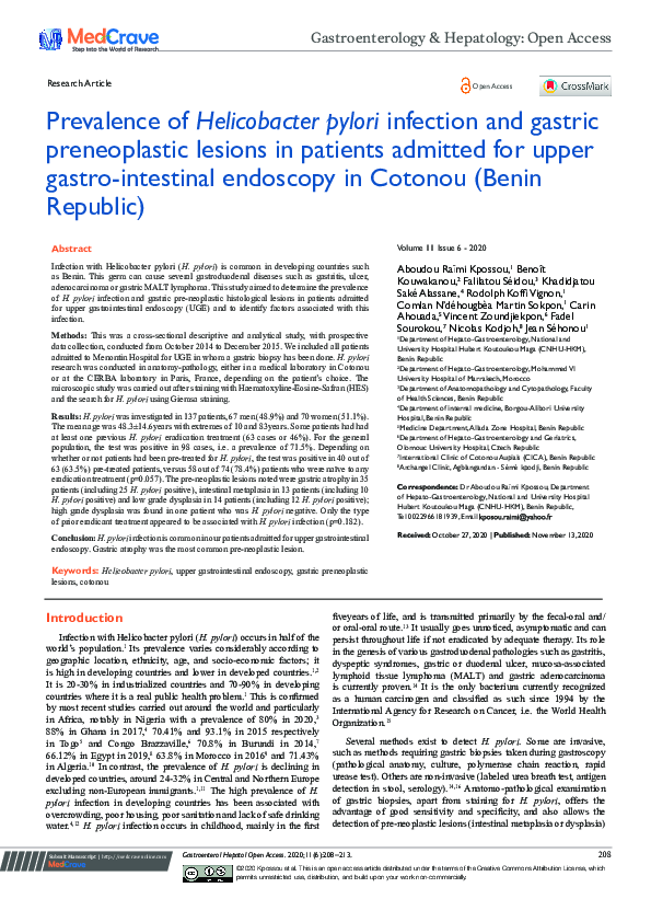 (PDF) Prevalence of Helicobacter pylori infection and gastric preneoplastic lesions in patients ...