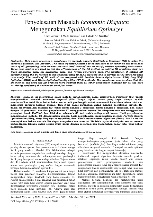 (PDF) Penyelesaian Masalah Economic Dispatch Menggunakan Equilibrium Optimizer