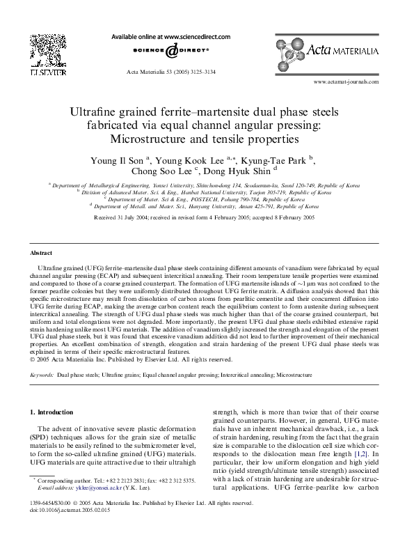 (PDF) Ultrafine grained ferrite–martensite dual phase steels fabricated via equal channel ...
