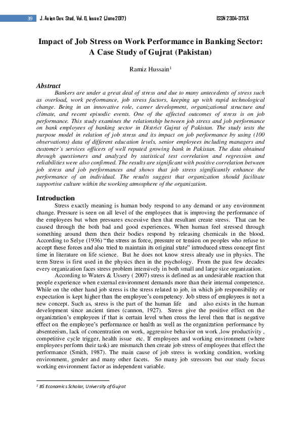 (PDF) Impact of Job Stress on Work Performance in Banking Sector: A ...