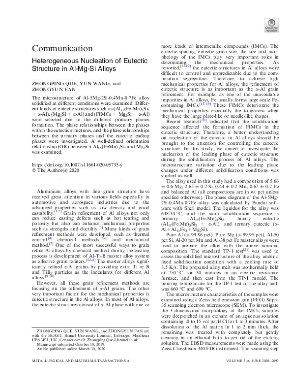 (PDF) Heterogeneous Nucleation of Eutectic Structure in Al-Mg-Si Alloys