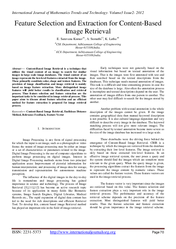 (PDF) Feature selection and extraction for content-based image retrieval