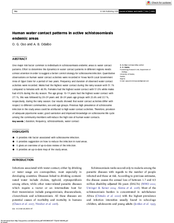 (PDF) Human water contact patterns in active schistosomiasis endemic areas