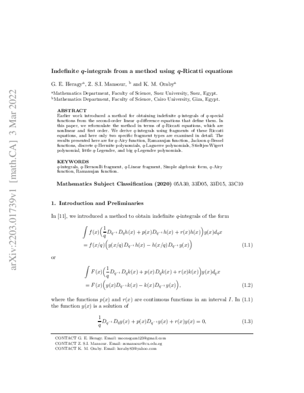 (PDF) Indefinite $q$-integrals from a method using $q$-Ricatti equations