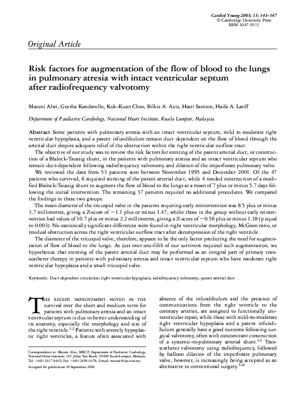 (PDF) Risk factors for augmentation of the flow of blood to the lungs ...