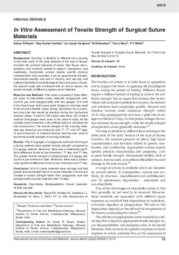 (PDF) In Vitro Assessment of Tensile Strength of Surgical Suture ...