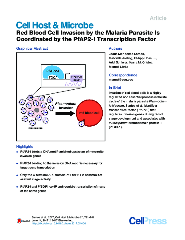 (PDF) Red Blood Cell Invasion by the Malaria Parasite Is Coordinated by the PfAP2-I ...