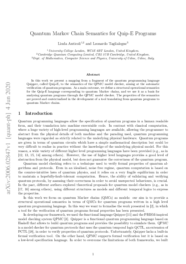 (PDF) Quantum Markov Chain Semantics for Quip-E Programs