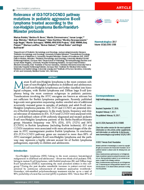 (PDF) Relevance of ID3-TCF3-CCND3 pathway mutations in pediatric aggressive B-cell lymphoma ...