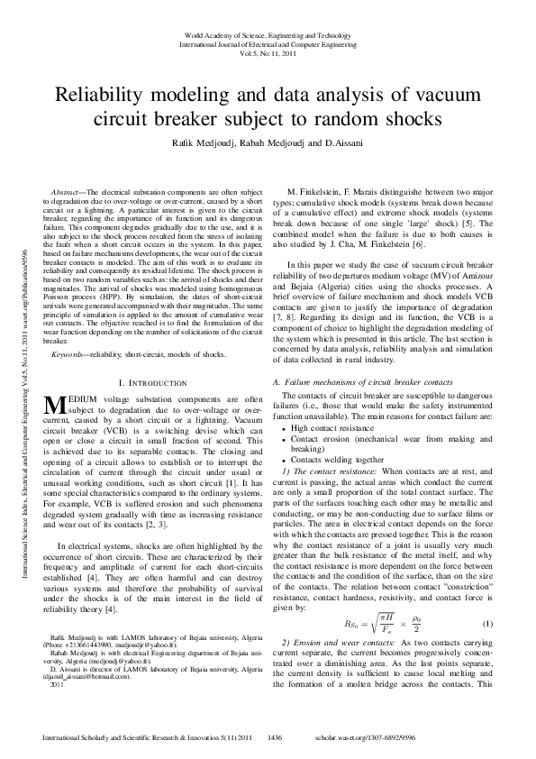 (PDF) Reliability Modeling And Data Analysis Of Vacuum Circuit Breaker Subject To Random Shocks